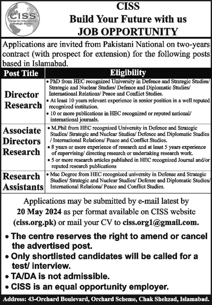 Job Opportunity at CISS Islamabad - CISS Pakistan - Center For International Strategic Studies